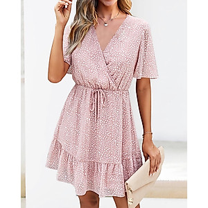 KIRUNDO Women's Summer Dresses 2025 Casual Short Sleeve V Neck Ruffle Floral Print High Waist Flowy Mini Dress with Belt(Small, Pink)