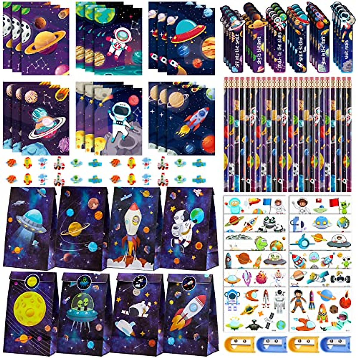 162 Pcs Space Party Favors Kids Included Space Pencils Space Erasers Gift Bag Tattoo Stickers Bookmarks Ruler Notebook Sharpener Outer Space Themed Birthday Gift Party Supplies for Boys Girls Kids