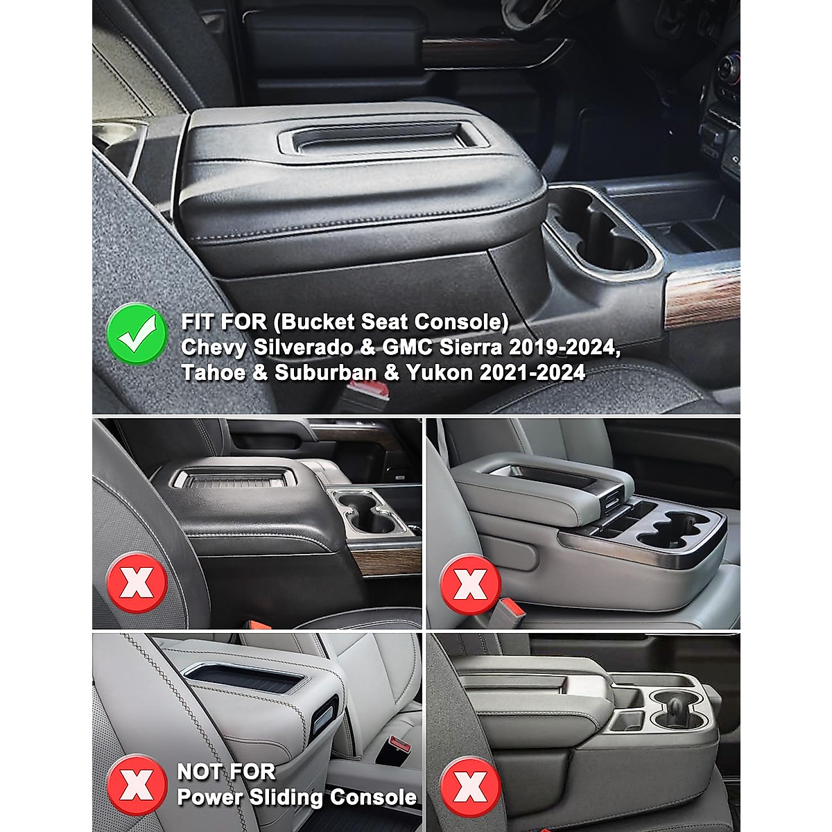 KBH Center Console Armrest Cover for Chevy Chevrolet Silverado, GMC Sierra 2019-2024, Tahoe, Suburban, Yukon 2021-2024, Vinyl Leather Console Lid Cushion, Anti-Scratch, Bucket Seat, Black