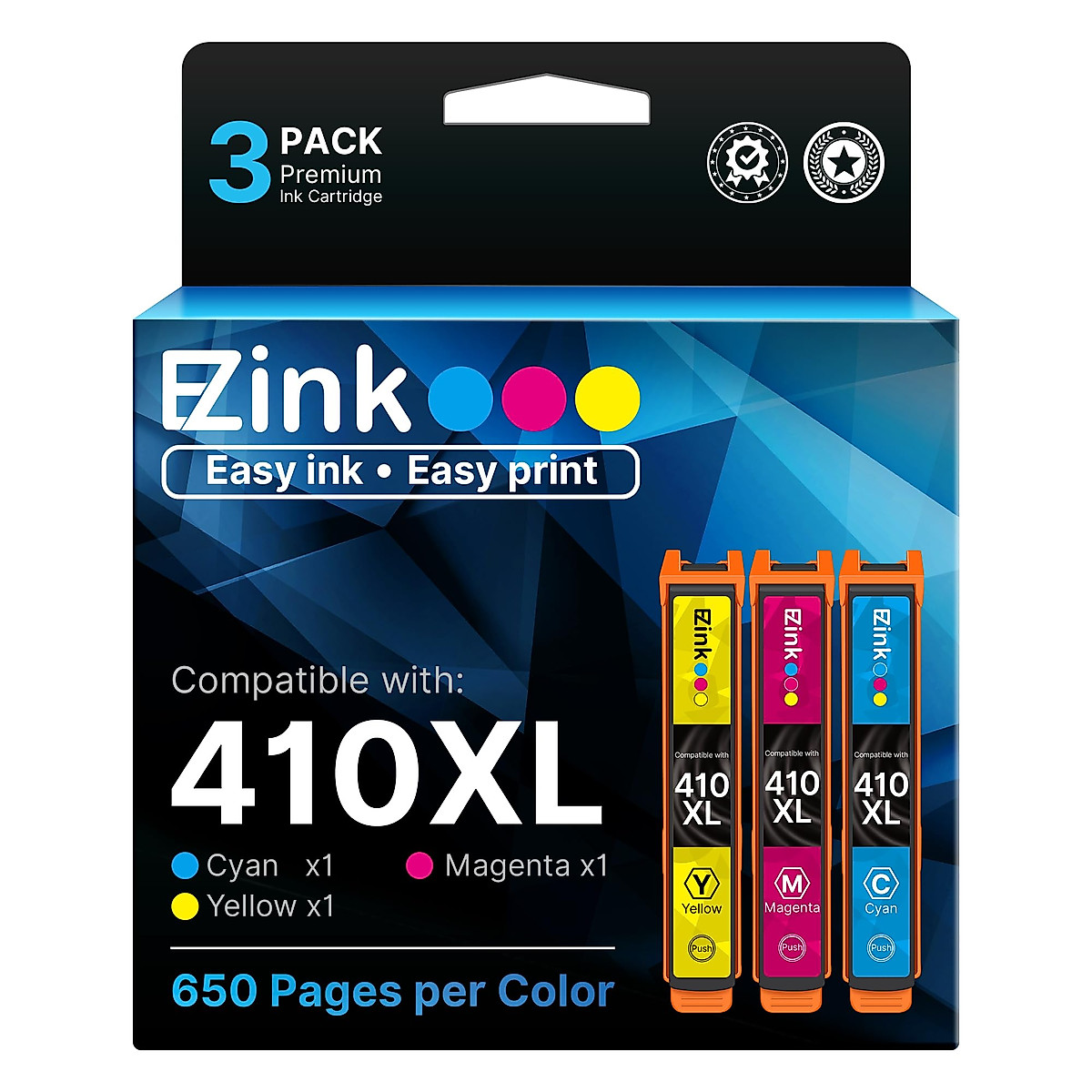 E-Z Ink (TM Remanufactured Ink Cartridge Replacement for Epson 410XL 410 XL T410XL High Yield to use with Expression XP-640 XP-830 XP-7100 XP-530 XP-630 XP-635 ( 1 Cyan, 1 Magenta, 1 Yellow, 3 Pack )