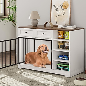 GAOMON Dog Crate Furniture 47”, Large Dog Crate with 2 Drawers and 4 Shelves, Wooden Heavy Duty Dog Crate, Decorative Dog Indoor Kennel Furniture Indoor with Storage, White
