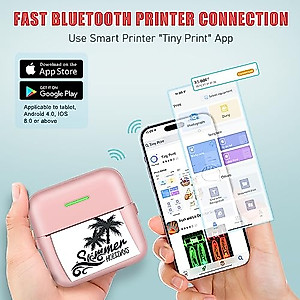 Mini Pocket Printer, Bluetooth Inkless Thermal Printer with 5 Rolls Printing Paper for Android or iOS APP, Portable Sticker Printer Gift for Kids, Friends, Receipt Printer for Photo Journal Notes Memo