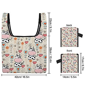 Cow Pattern Printed Reusable Grocery Bag with Handle Foldable Shopping Tote Bags Portable for Supermarket Camping