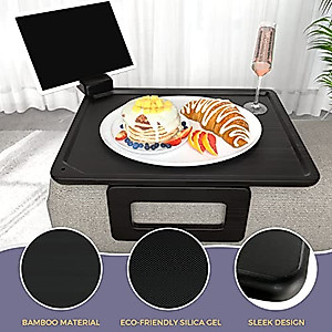 Bamboo Sofa Arm Tray Table Clip for Couches Arm, Multi-Function Side Couch Arm Tray with 360° Rotating Phone Holder, Suitable for Home Drinks/Remote/Snacks/Fast Food Et (Black)