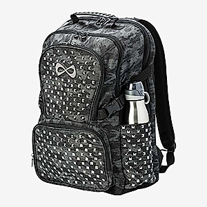 Nfinity Classic Backpack Girls Glitter Bookbag | Perfect Bag for Travel, School, Gym, Cheer Practices | 15” Laptop Compartment | Grey Camo with White Logo and Studs