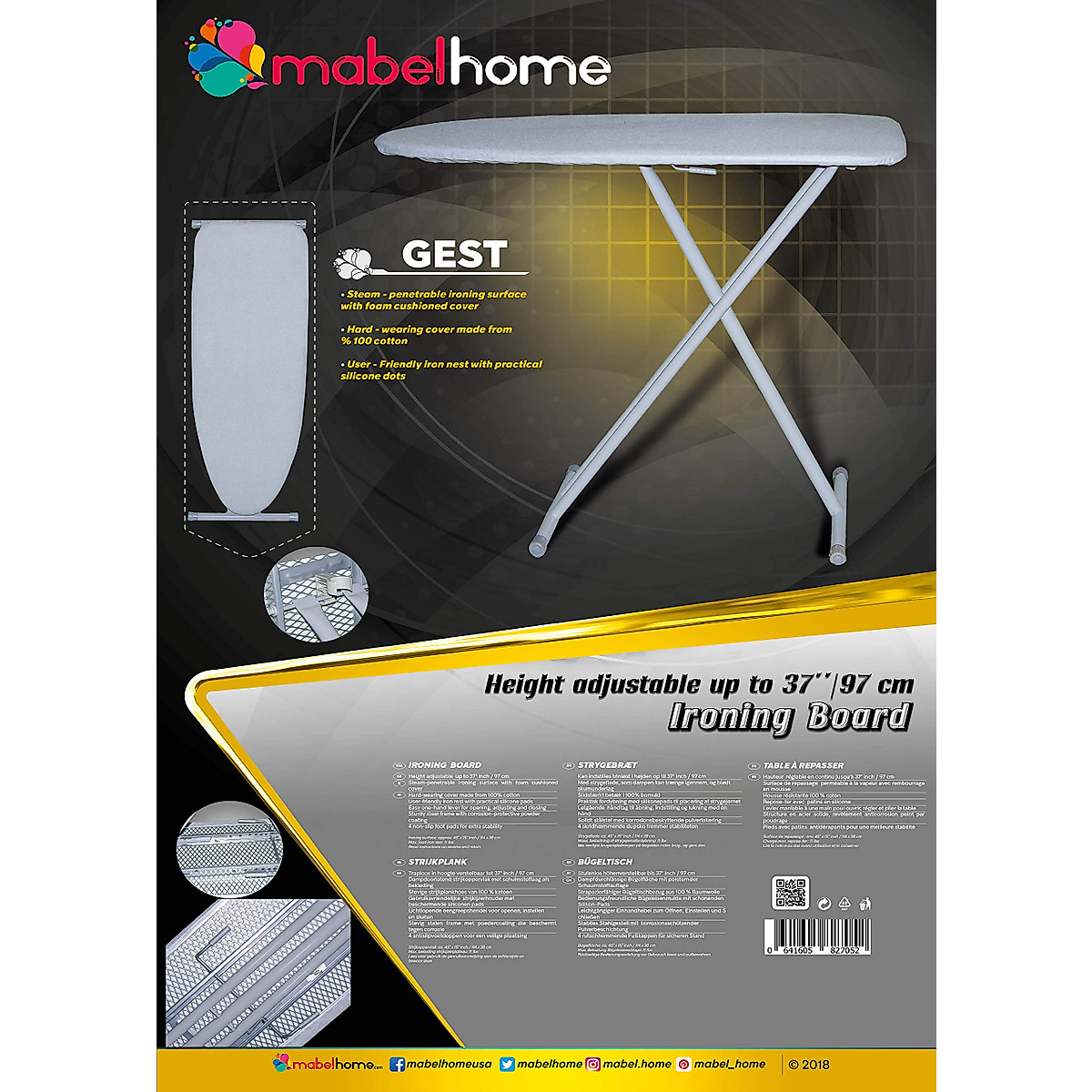 Mabel Home Ironing Board, Made in Europe by Mabel Home, Adjustable Height, Extra Thick Heavy Duty Padded Cover, Extra Cover Included (3 Different Models & Sizes) (Ergo (45" x 15"))