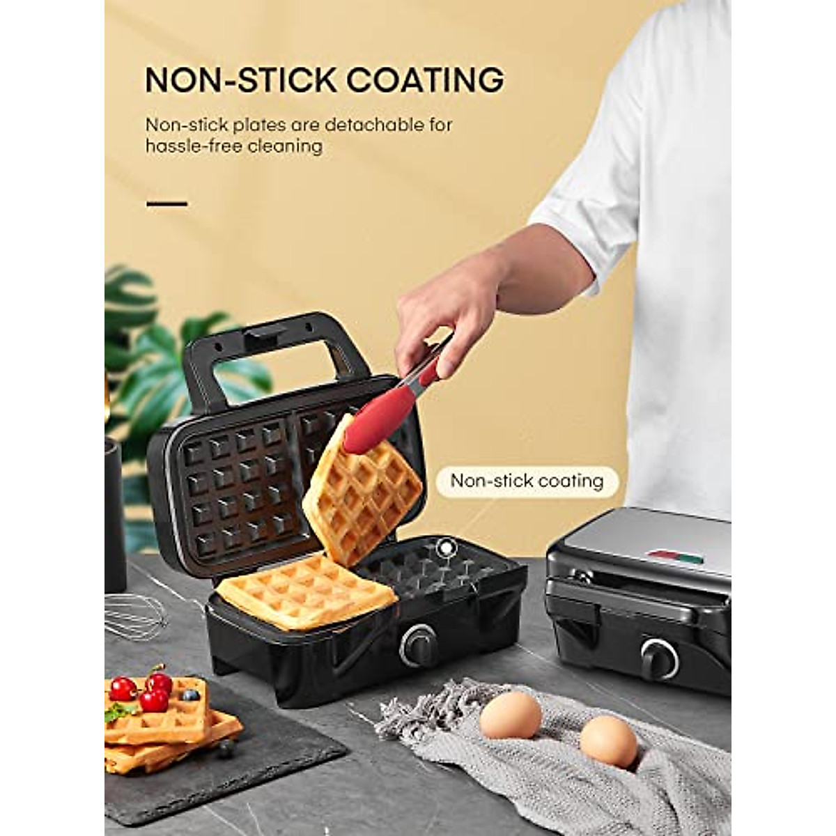 FOHERE Waffle Maker 3 in 1 Sandwich Maker 1200W Panini Press With Removable Plates and 5-gear Temperature Control, Non-stick Coating Easy to Clean,Indicator Lights, Silver/Black