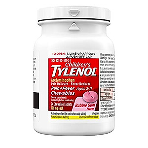 Tylenol Children's Chewables with 160 mg Acetaminophen, Pain Reliever & Fever Reducer for Kids' Cold + Flu Symptoms, Headache, Sore Throat & Toothache, Aspirin-Free, Bubble Gum, 24 ct