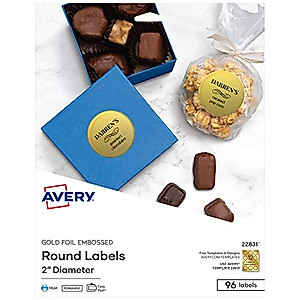 Avery Printable Embossed Foil Round Labels, 2" Diameter, Gold, 96 Customizable Labels (22831)