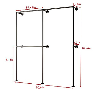 DR.IRON Industrial Pipe Clothing Racks with Double Bar, Industrial Black Clothes Racks Wall Mounted, Heavy Duty Closet Rods for Hanging Clothes Organizer Storage