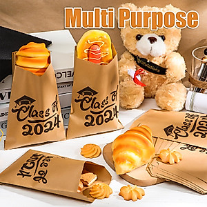 Woanger 100 Pcs Graduation Favor Bags Candy Bags Paper Cookie Bags Class of 2024 Grad Treat Bags Kraft Brown Bags Small Flat Envelopes Favor Bags for Bakery Snacks Sandwiches Graduation Party Supply