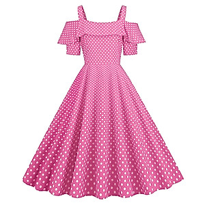 UNSERE Womens Trendy Off Shoulder Vintage Large Swing Dress Sexy Suspender Ruffled Short Sleeve Polka Dot Dresses Elegant High-Waist 50S Retro Prom Party Dress for Halloween(Pink,XX-Large)