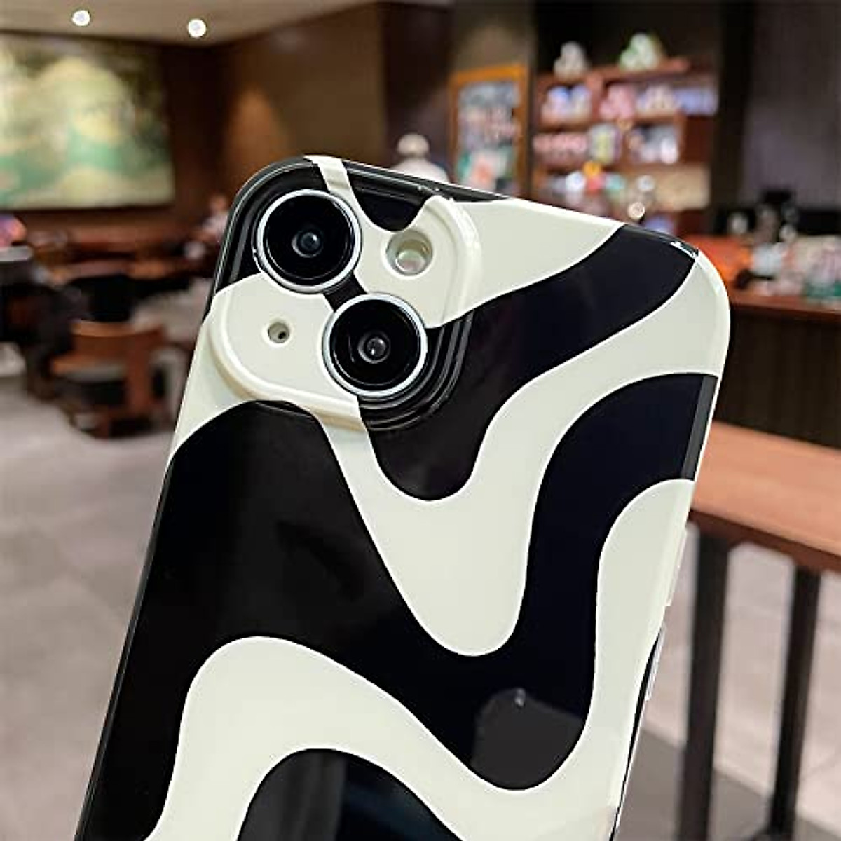 MZELQ for iPhone 13 Case, Cute Pattern Wave IMD Soft Phone Case, Camera Protection Lens Black and White Shockproof Phone Case for Girls Women