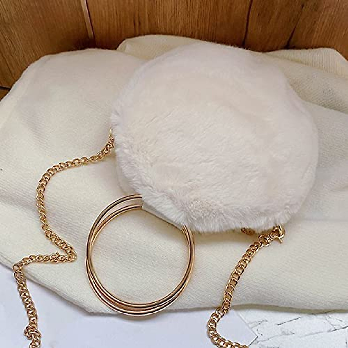 SUKUTU Girls Faux Fur Round Top Handle Bag Ring Handle Clutch Soft Furry Purse for Autumn and Winter