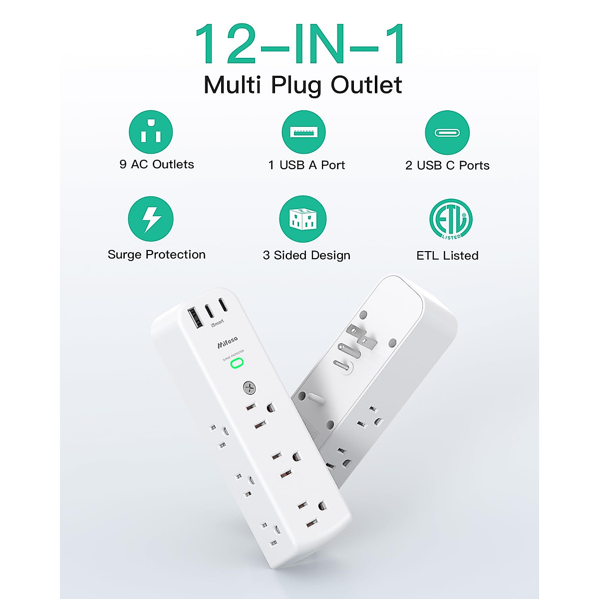 Surge Protector Outlet Extender, 9 AC Multi Plug Outlet with 3 USB Ports (2 USB C), 1080 Joules, 3-Sided Power Strip with Spaced Outlet Splitter for Home, Dorm Room Essentials