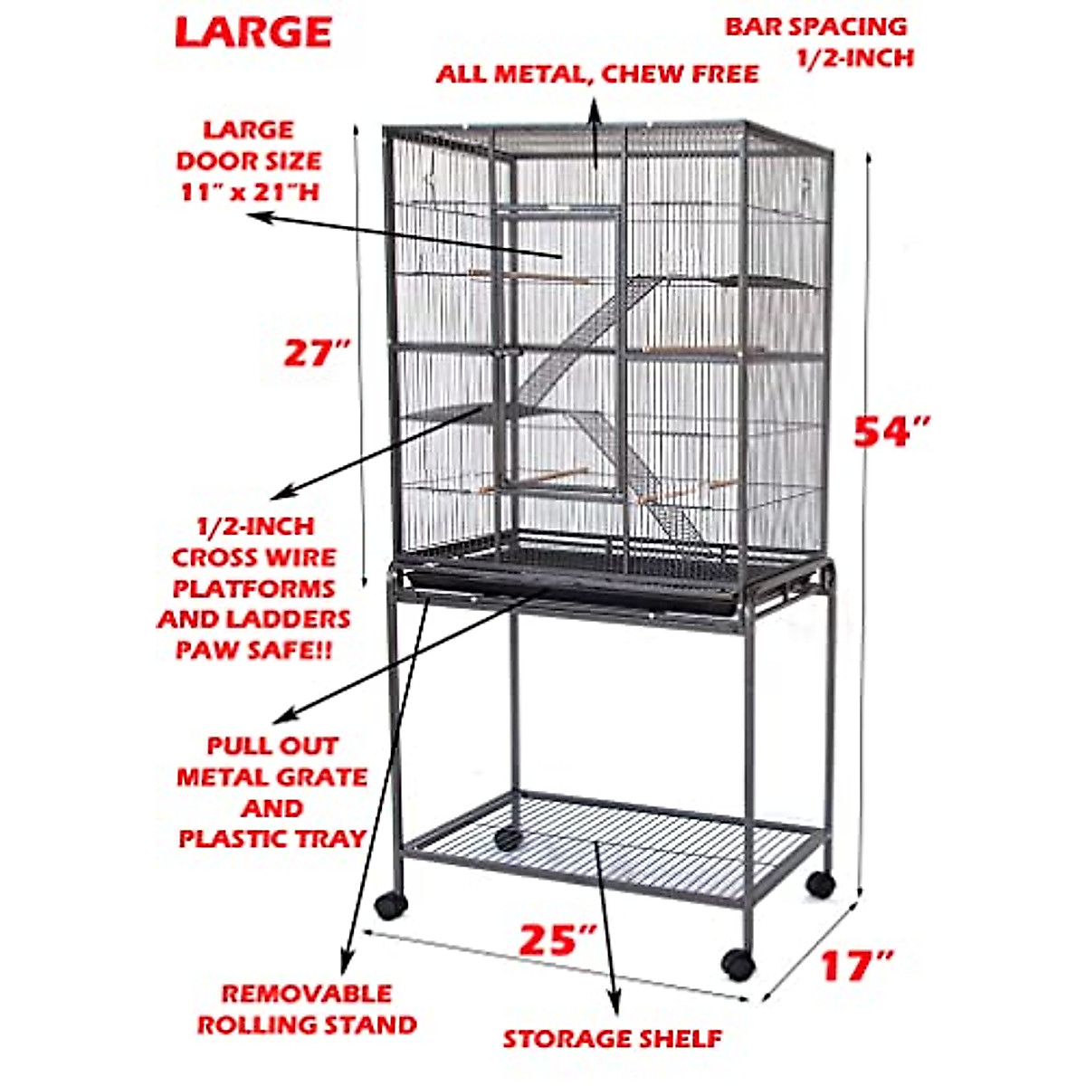54" Large Deluxe and Sturdy Wrought Iron 4-Tiers Tight 1/2-inch Bar Spacing for Ferret Chinchilla Sugar Glider Mice Rat Cage with Detachable Rolling Stand (BlackVein, 54")