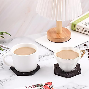 Warmroom Absorbent Hexagon Black Marble Coasters for Drink with Gold Holder and Cork Base Set of 6 Decorative Tabletop Protection for Bar Kitchen Home and Dining Room Decor