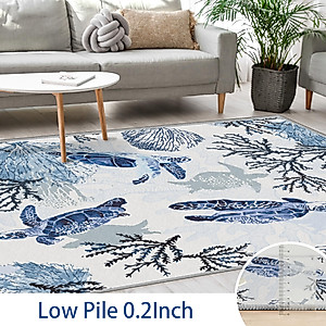 Coastal Rug Nautical Rug Runners for Hallways Non Slip, Soft Low Velvet Carpet, Washable Beach Rug Ocean Coastal Runner Rugs for Laundry Room Entryway Modern Navy Blue Sea Turtle, 2x6