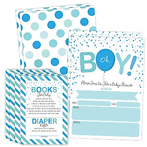 Boy Baby Shower Invitations with Book Request and Diaper Raffle Card, Blue Baby Sprinkle, 20 Fill in Invites