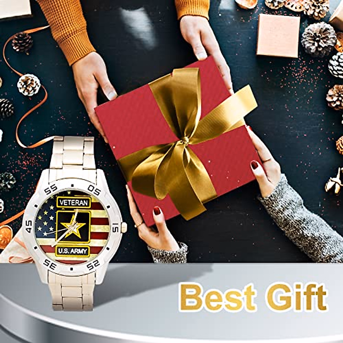 Special Design Military US Army Veteran and American Flag Custom Men's Stainless Steel Analog Watch Sliver Metal Case, Tempered Glass