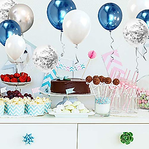 Metallic Blue and Silver Confetti Latex Balloons, Nesus 50 pcs 12 inch White and Metallic Silver Glitter Birthday Party Balloons with 65 Feet Silver Ribbon for Baby Shower Wedding Decorations