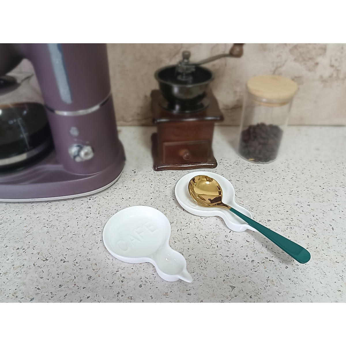 Coffee Spoon Rest for Coffee Bar Accessories, Small Spoon Rest for Coffee Station, Ceramic Tea Spoon Rest Tea Spoon Holder Teaspoon Rest (White, CAFE Pattern)