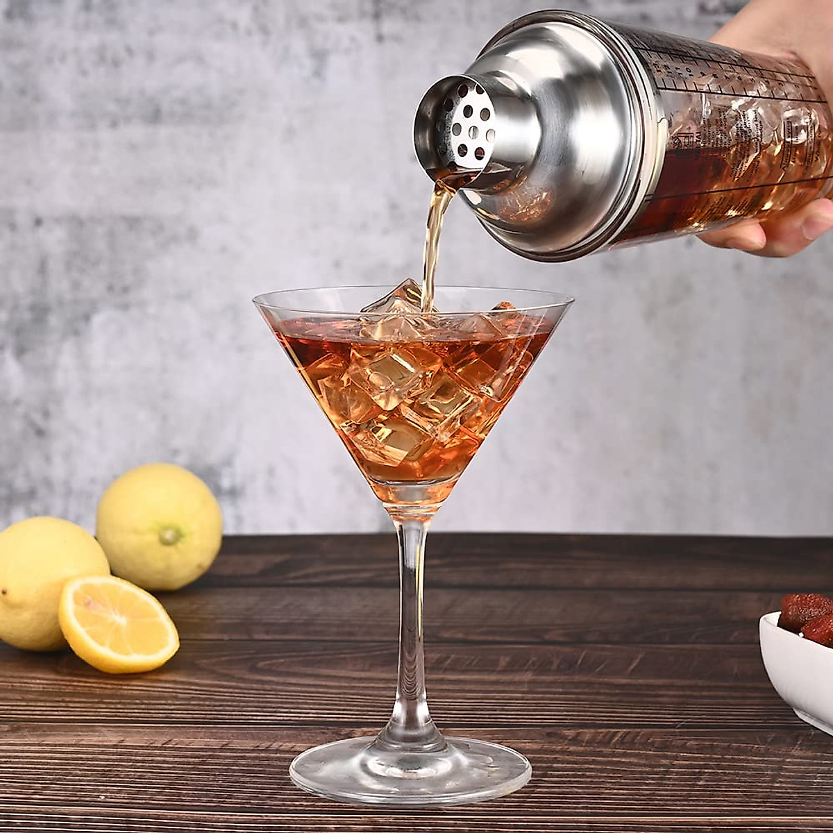 Etens Glass Cocktail Shaker and Bell Jigger Bundle, 14oz Clear Martini Shaker with Recipe / 1oz 2oz Measure Double Jigger