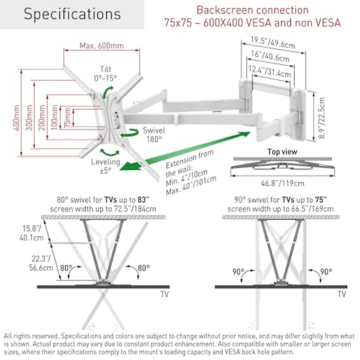 Barkan 40" Long White TV Wall Mount, 13 - 80 inch Dual Arm Full Motion Articulating - 4 Movement Flat / Curved Screen Bracket, Holds up to 110lbs, Extra Stable, Fits LED OLED LCD