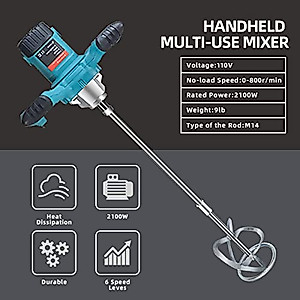 Maxgeen Concrete Mixer,2100W Portable Electric Mud Mixer for Mixing mortar,6 Speed Adjustable Paint Mixer, Handheld Cement Mixer with Gloves