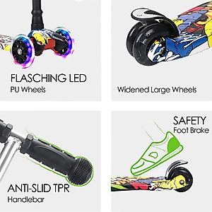 Scooters for Kids 3 Wheel Kick Scooter for Toddlers Girls & Boys, 4 Adjustable Height, Lean to Steer, Extra-Wide Deck, Light Up Wheels for Children from 3 to 14 Years Old (Pop Graffiti 2)