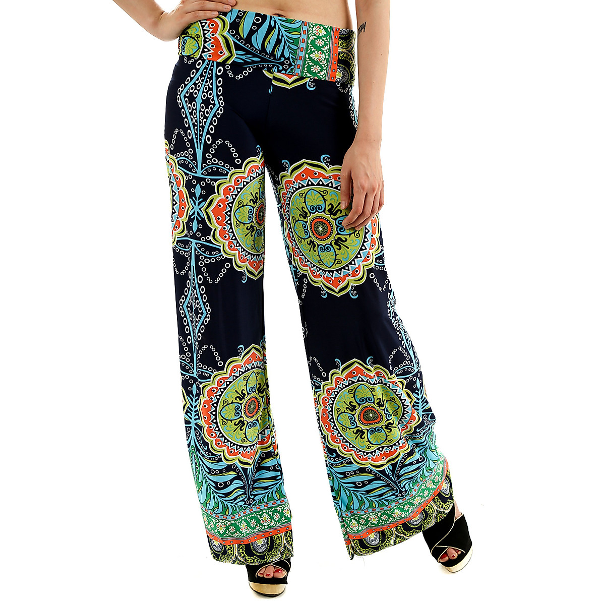 Uptown Apparel Womens Fold Over Waist Wide Leg Palazzo Pants, Good for Tall Curvy Women-Ships from U.S.A. (Small, Navy Tribal)