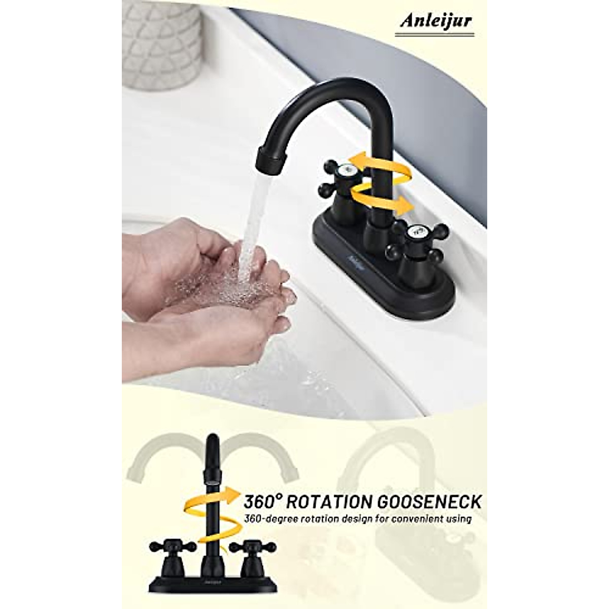 Anleijur Black Bathroom Faucet, Two Handle Bathroom Sink Faucet, 4 Inch Centerset Matte Black Bathroom Sink Faucet with Pop Up Drain, 360 Swivel Spout 2 or 3 Hole RV Bathroom