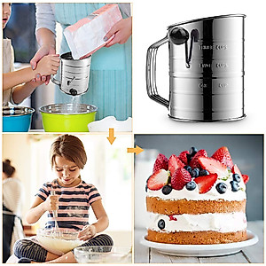 Flour Sifter 3 Cup Stainless Steel Rotary Hand Crank Sifter with 16 Fine Mesh Screen and 4 Wire Agitator Rotary Hand Crank Baking Sifter Professional Flour Sieve (3 Cup with Dough Blender)