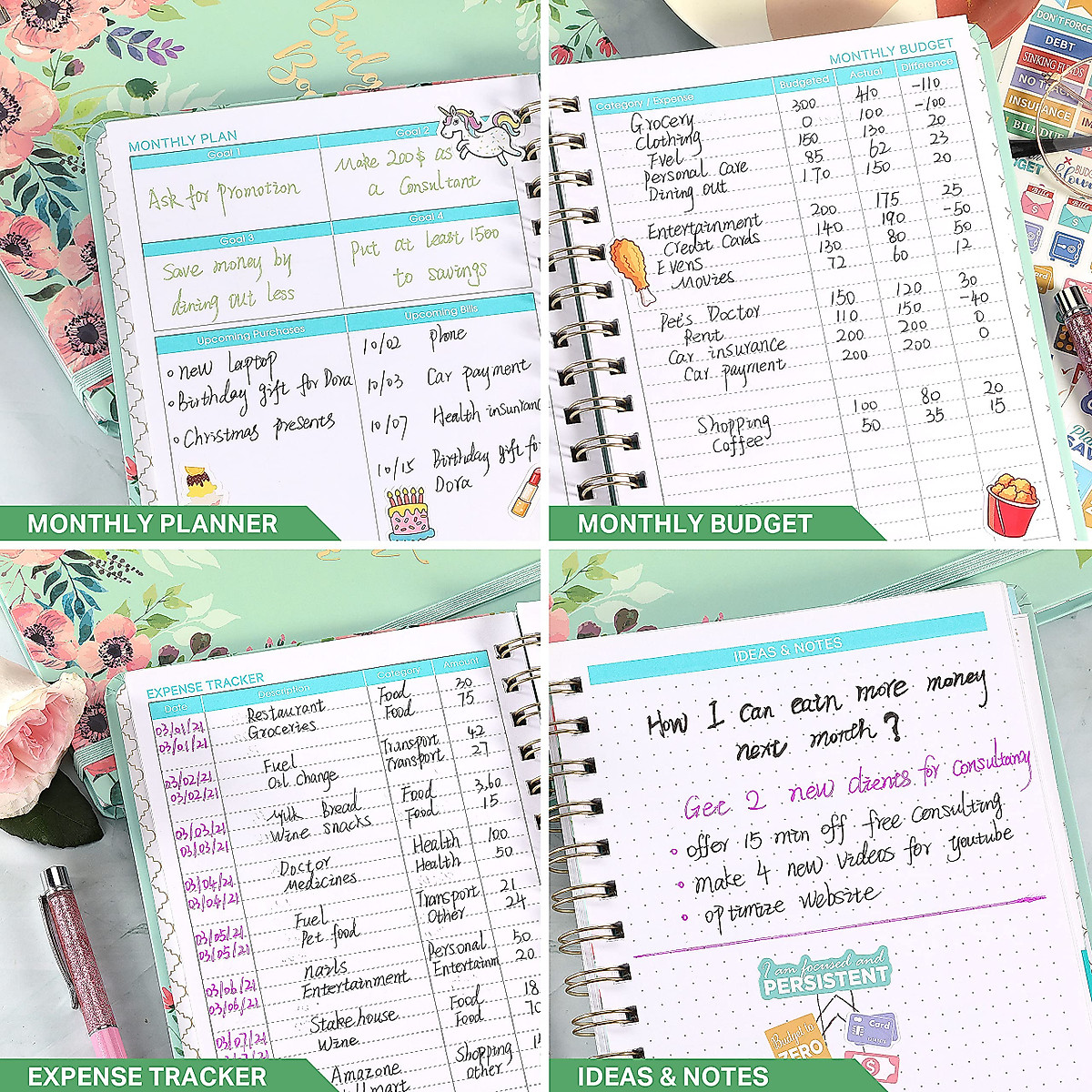 Budget Planner - Budget Book, Undated Monthly Bill Organizer with Pockets, 8.3" x 6.2", Expense Tracker Notebook, Budgeting Journal and Financial Planner/Book, Thick Paper Twin-Wire Binding