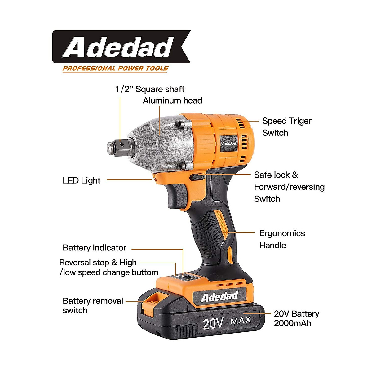 Adedad 20V Brushless 1/2 inch Cordless Impact Wrench with Battery, Fast Charger, LED Light - 240 ft-lbs Torque 3000 RPM