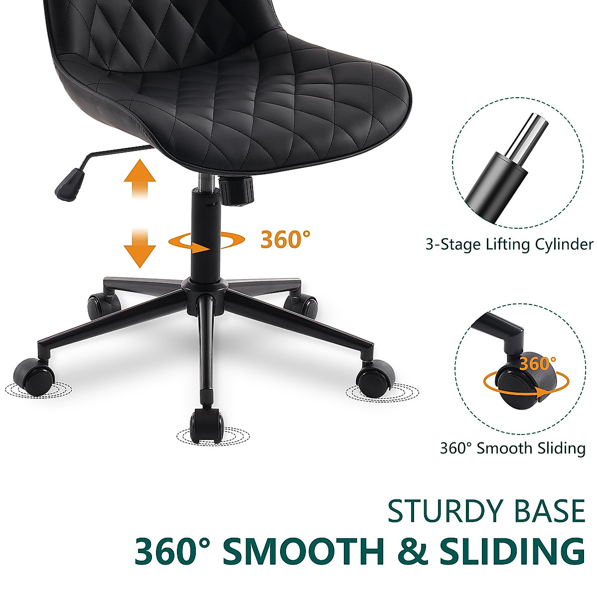 YOUNUOKE Armless Desk Chair Comfy Home Office Computer Chair with Wheels Rolling Swivel Chairs Small Modern Upholstered Vanity Executive Task Chair, Black
