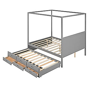 RORIGAT Queen Size Canopy Platform Bed with Twin Trundle and Three Storage Drawers, Wooden Daybed Frame Beds for Kids Teens Boys Girls,Gray