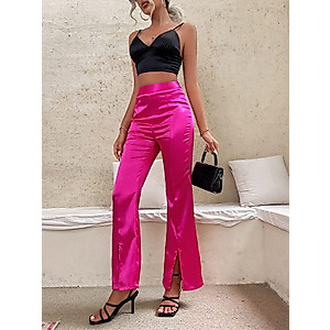 WDIRARA Women's High Rise Wide Leg Split Hem Pants Party Club Solid Pants Hot Pink L