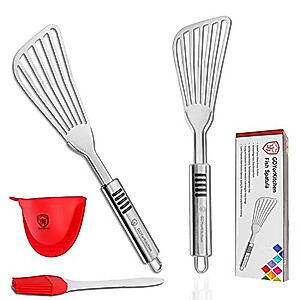 Premium Fish Spatula - Rust-Resistant Stainless Steel, Non-Slip Handle, Ideal for Grilling, Frying, Turning and Flipping Fish, Meat, Eggs, and More - Ergonomic Design for Perfect Results - Set of 2