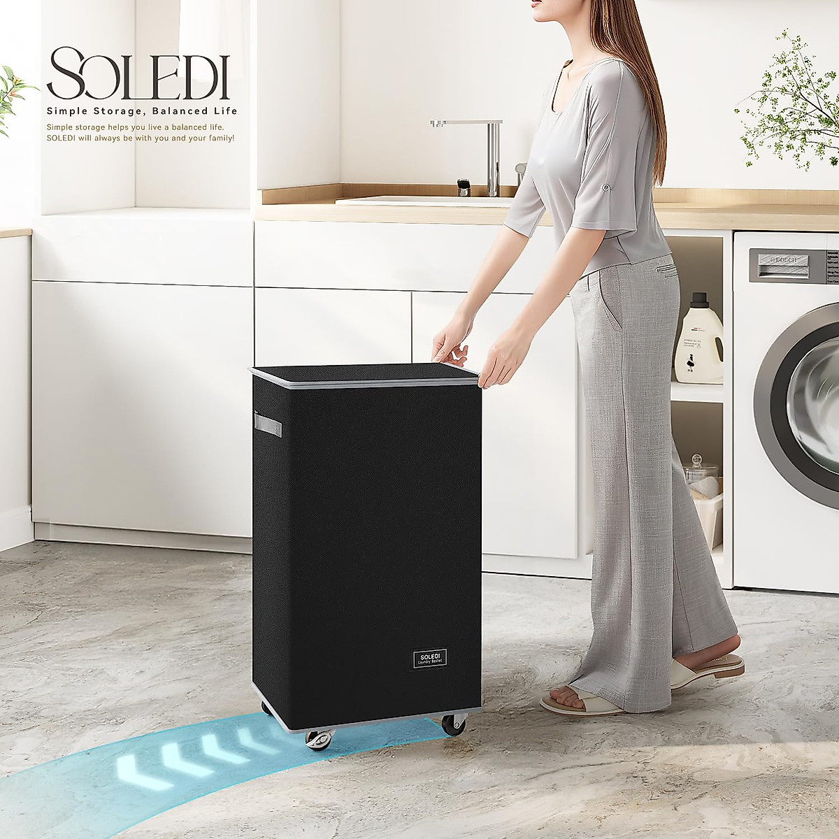 SOLEDI Laundry Basket with Wheels, Laundry Hamper with Lid 90L(23.8 gal), Clothes Hamper with Bag Removable - Rolling Laundry Basket, Move Smoothly- Suitable for Apartment, Bathroom, Bedroom, Dorm