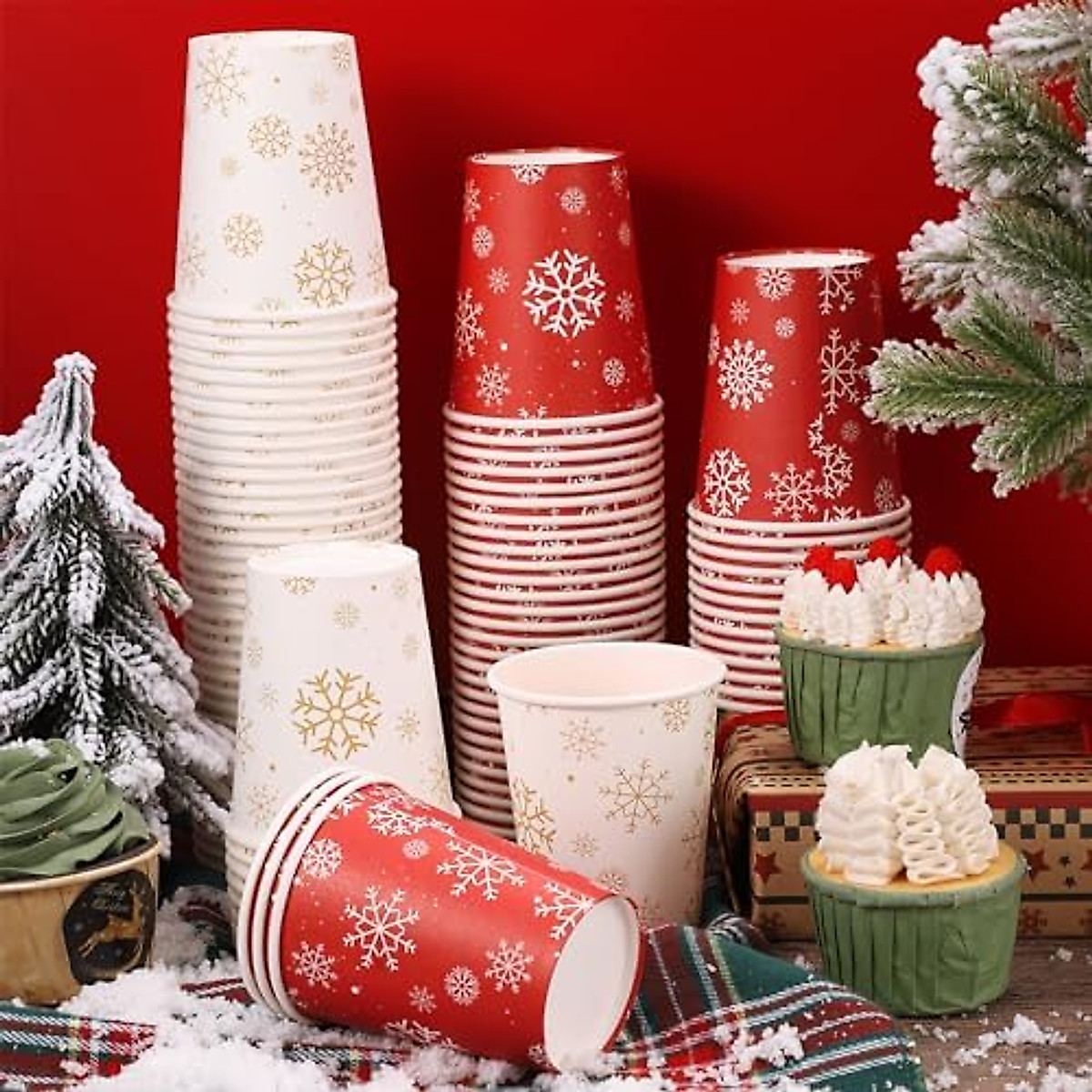 SUMAJU 100 Pcs Christmas Snowflake Paper Cups, 9 OZ Disposable Christmas Paper Cups Winter Coffee Cups Red White Snowflake Christmas Cups Drinking Tea Xmas Paper Cups for Daily Use Holiday Party