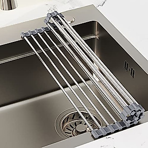 Mikinya Over The Sink Dish Drying Rack, Roll Up Dish Drying Rack Kitchen Dish Rack Stainless Steel Sink Drying Rack, Multipurpose Foldable Dish Drainer, Gray (17.5''x11.8'')