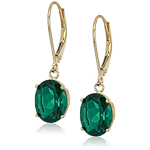 Amazon Essentials 14k Yellow Gold Oval May Created Emerald Dangle Earrings for Women, Created Emerald 8x10mm Leverback Earrings - Hypoallergenic, Nickel-Free, Elegant Gift for All Occasions ,(previously Amazon Collection)