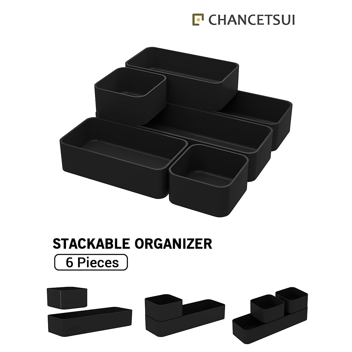 Organizer Drawers, Storage Plastic Desk Bins Stackable Organizers Tray, Bathroom Dividers Small Makeup Bin Clothes Organizing Trays for Containers Vanity Office Cabinet Desktop Compartment, Black