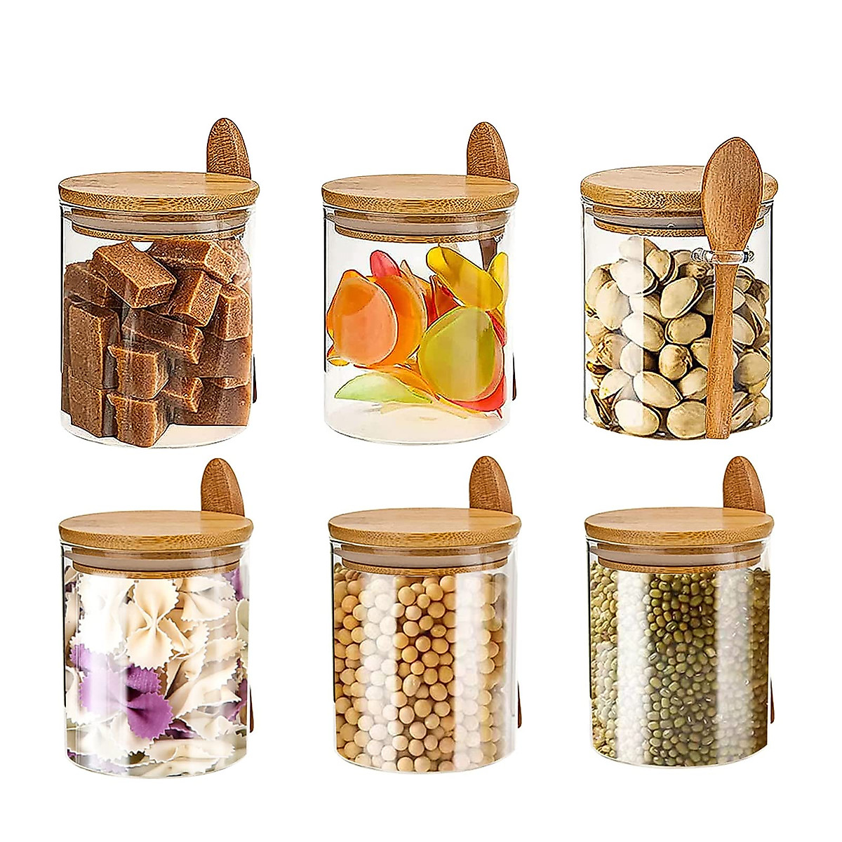 NEPIVEL 6 Pack Glass Jar with Bamboo Lids, 18.5Oz Glass Containers with Airtight Bamboo Lid and Spoons,100% Sealed overnight oats jars salad prep jars for Candy Coffee Beans Sugar Nuts Cookies