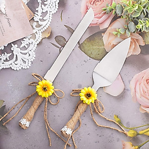 ATAILOVE Rustic Style Cake Cutting Set for Wedding, Burlap Sunflower Stainless Steel Wedding Cake Knife and Serving Set for Wedding, Birthdays, Babay Shower, Parties