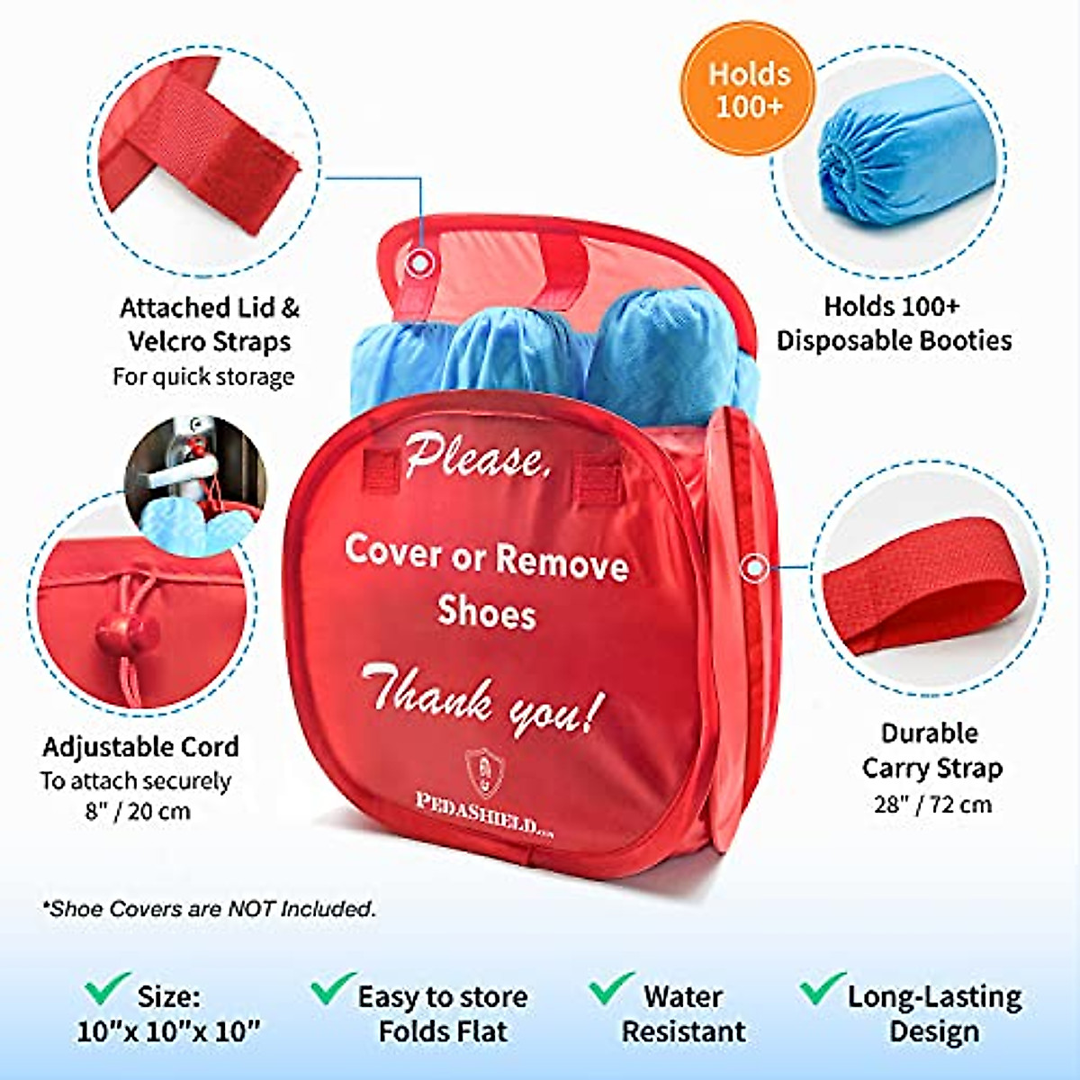 PedaShield Shoe Covers box | Collapsible Shoe Basket Bin Bootie Box | Reversible Door Hanger Signs | Realtors Open House 10" Foldable Storage holds 100 Disposable (2 Red Box + 2 Door Hang, 4)