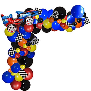 YNOU 121 Pcs Racing Car Balloons Arch Garland Kit Decorations, Race Car Foil Balloons Checker Flag for Monster Car Truck Party, Finish Line Race Car,Nascar Party Supplies