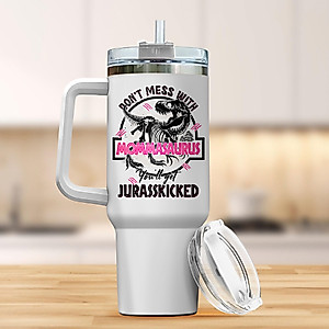 9GIFT4YOU Mommasaurus Gifts, Mom, Tumbler 40 Oz With Handle Lid And Straw, Mom Nutrition Facts Keep Drinks Cold Hot Dinosaur Leak Resistant Water Bottle, Mommasaurus Nutrition Facts