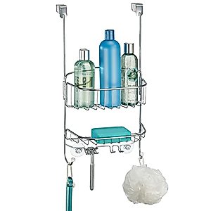 mDesign Steel Over Door Hanging Shower Caddy Storage Organizer with 2 Baskets, 6 Hooks - Shelf Rack for Bathroom - Holds Shampoo, Conditioner, Soap, Towel, Sponge - Draper Collection - Chrome/White